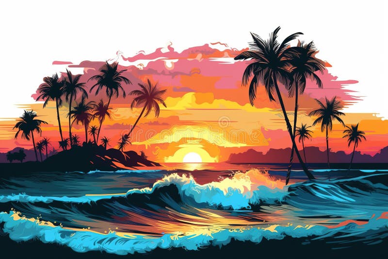 Drawing of a Beach with the Sea and Palm Trees at Sunset. Generated by ...