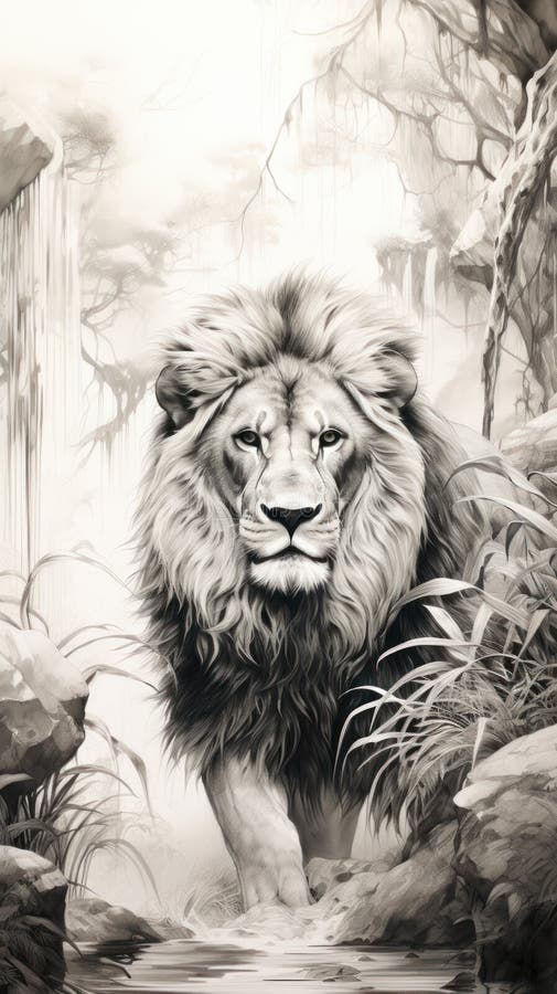 Drawing of a Beautiful Lion with a Fluffy Mane in Gray Colors. Stock ...