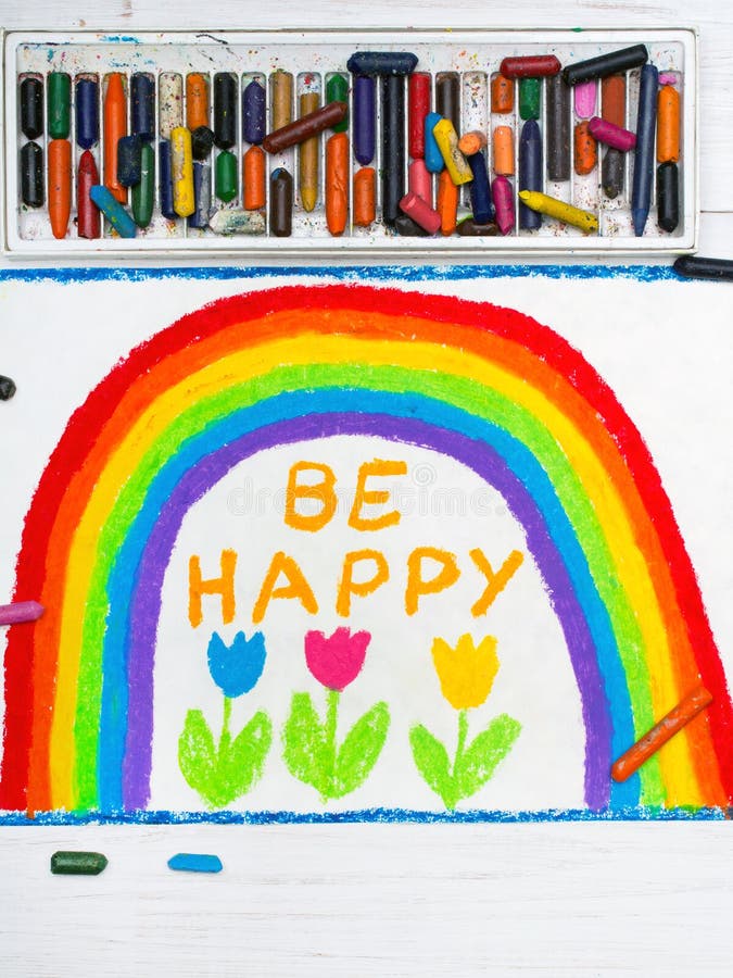 Drawing: Beautiful Rainbow and Words BE HAPPY Stock Image - Image of ...