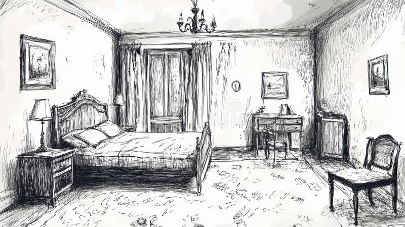 A Drawing of a Bedroom with a Bed and a Chair Stock Illustration ...