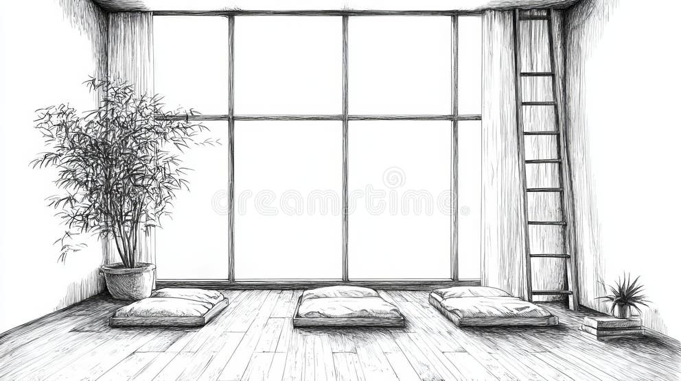 Drawing of a Bedroom Featuring Bunk Beds and a Single Bed Stock Image ...