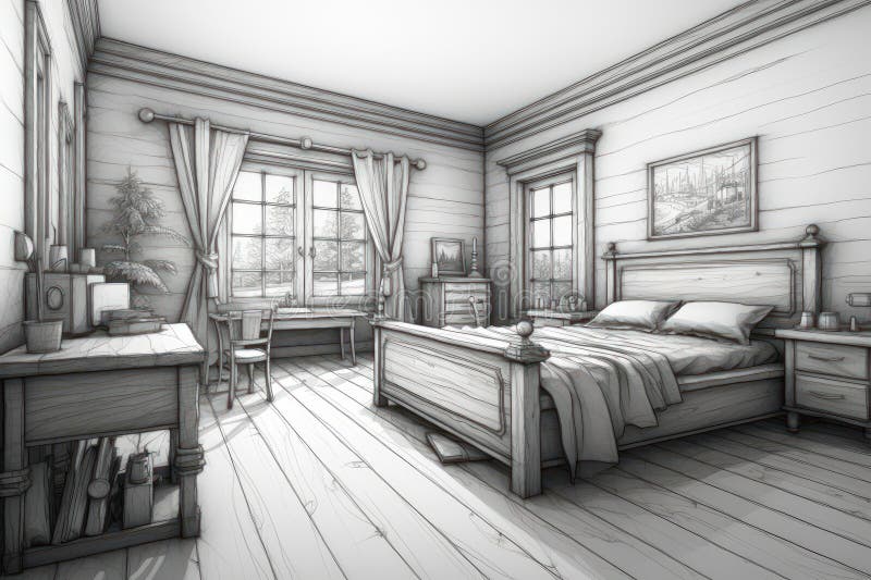 Drawing of a Bedroom with a Messy Bed. Stock Illustration ...