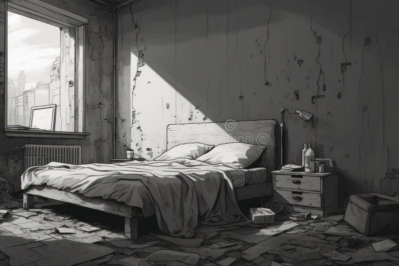 Drawing of a Bedroom with a Messy Bed. Stock Illustration ...