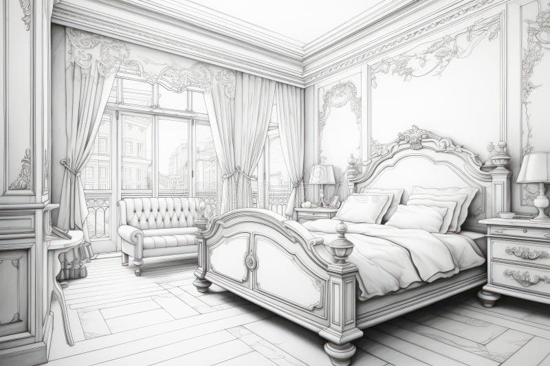 Drawing of a Bedroom with a Messy Bed. Stock Illustration ...