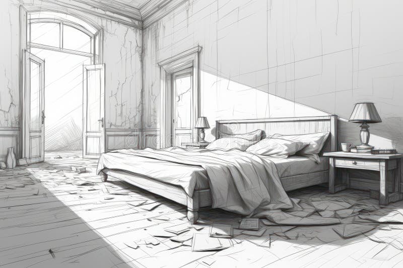 Drawing of a Bedroom with a Messy Bed. Stock Illustration ...