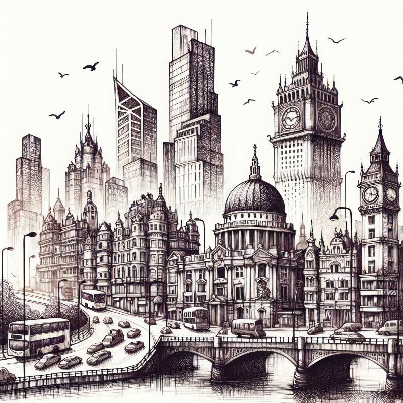 Drawing of a Big City Drawn with a Pen. Stock Illustration ...