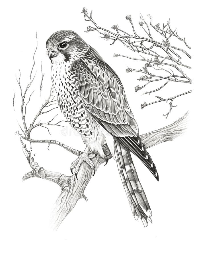 Drawing of a Bird Perched on a Branch of a Tree Stock Illustration ...