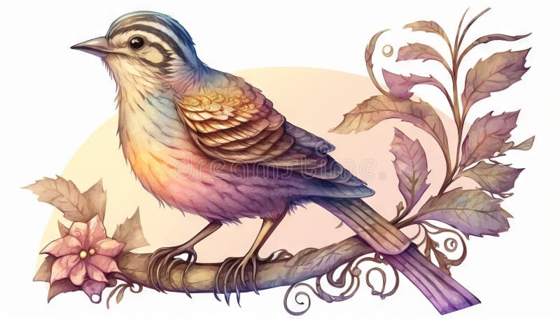 A Drawing of a Bird Sitting on a Branch with Flowers Stock Illustration ...