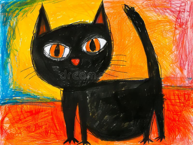 A Drawing of a Black Cat with Orange Eyes Stock Image - Image of sketch ...