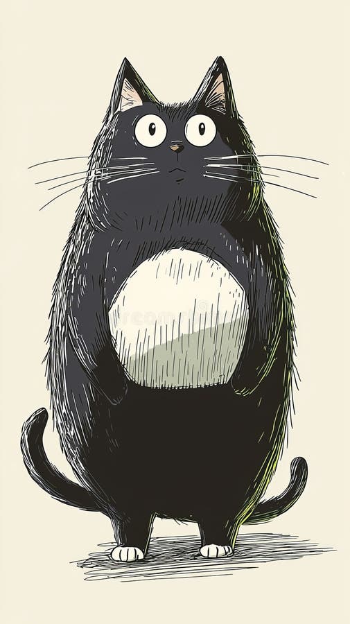 A Drawing of a Black Cat with a White Chest Patch, Front and Back Stock ...