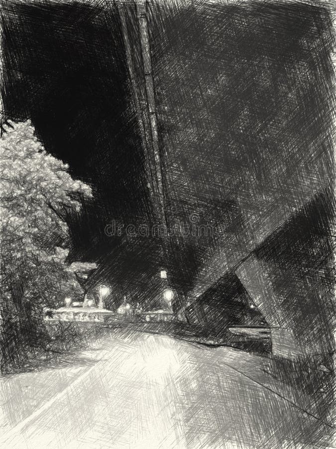 Drawing Black and White of Night Road Stock Illustration - Illustration ...