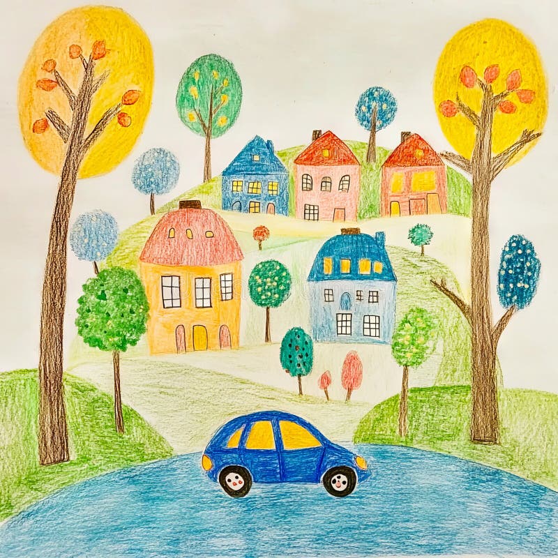 A Drawing of a Blue Car Driving Down a Road in Front of a Row of Houses ...