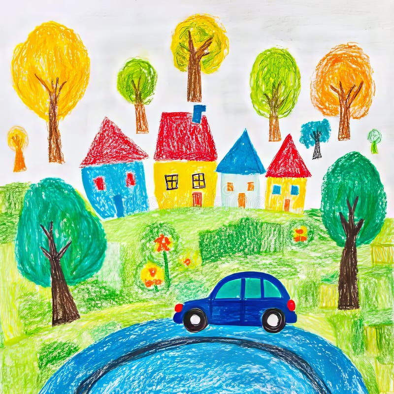A Drawing of a Blue Car Driving Down a Road in Front of a Small Town ...