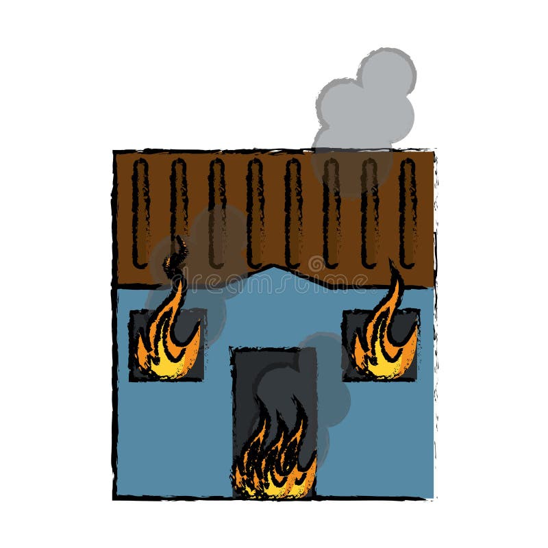 Drawing Blue House Fire Bursts Windows Roof Stock Vector - Illustration ...
