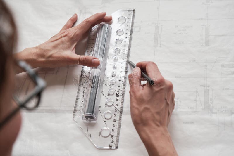 Drawing Blueprint Using Ruler Stock Photo - Image of expertise ...