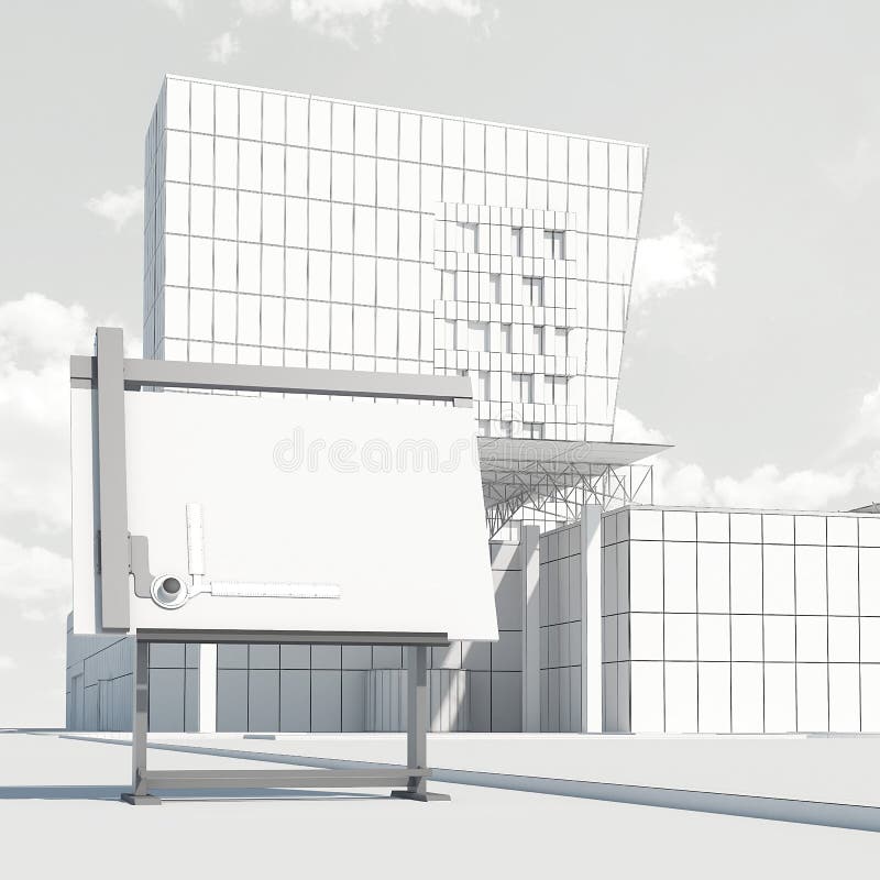 Drawing Board and Draft of the Modern Office Building. 3d Rendering ...