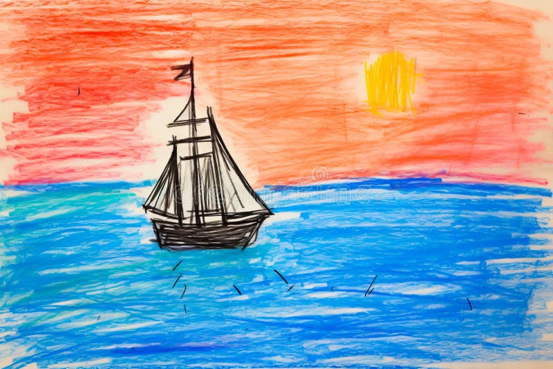 Drawing of Boat in the Ocean at Sunset with Flag on it. Generative AI ...