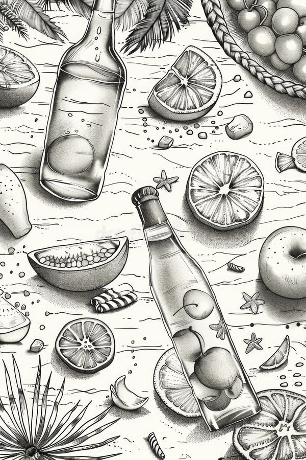 Drawing of a Bottle of Alcohol Surrounded by Fresh Fruit. Suitable for ...
