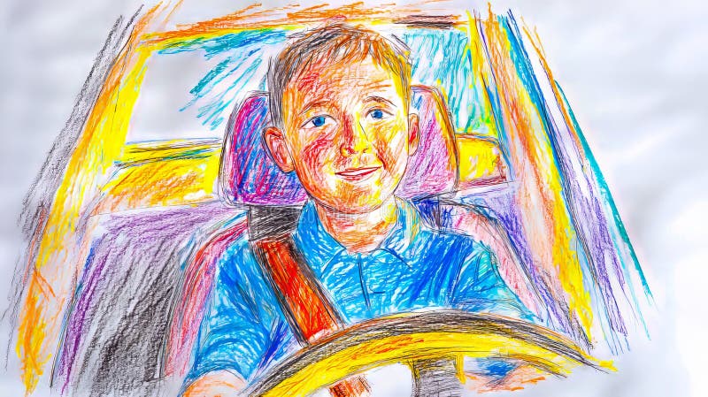 A Drawing of a Boy Driving a Car Stock Photo - Image of wheel, hair ...
