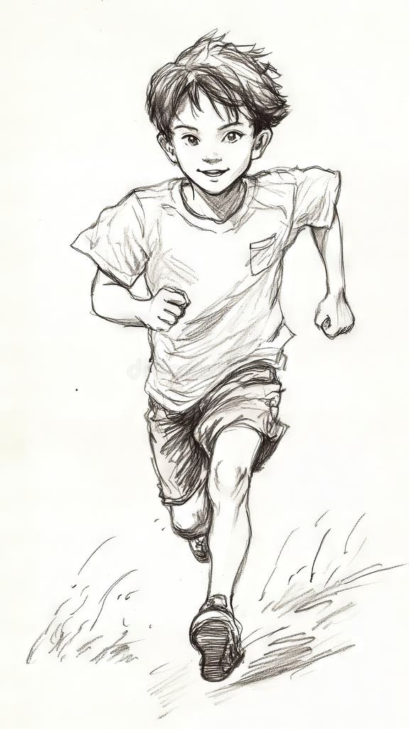 A Drawing of a Boy Running in the Grass Stock Image - Image of young ...