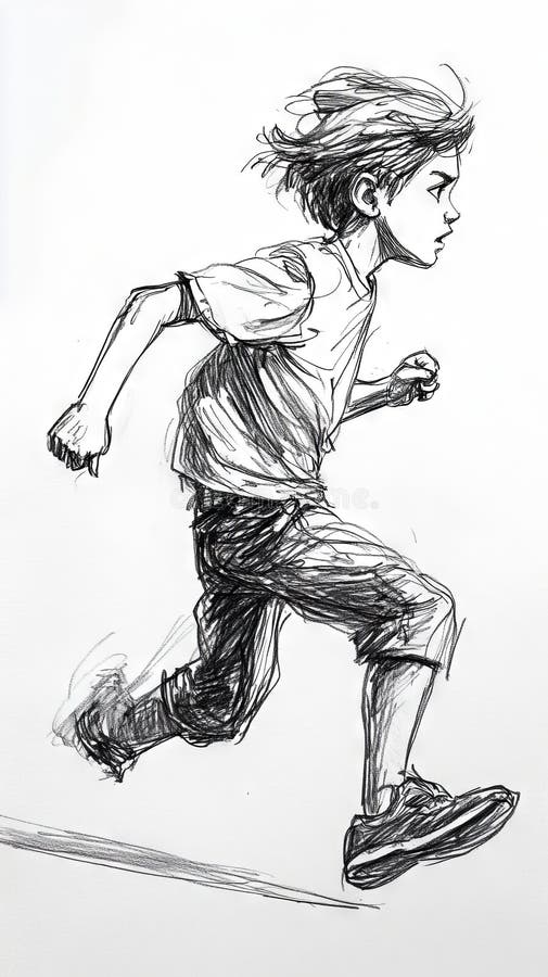 A Drawing of a Boy Running on a White Background Stock Photo - Image of ...