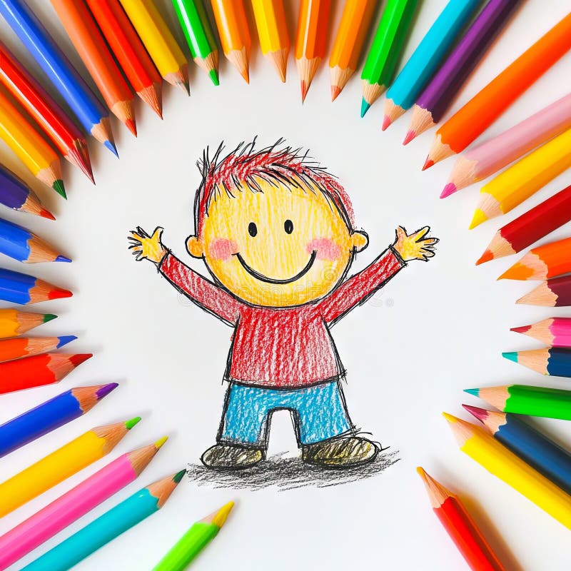 A Drawing of a Boy Surrounded by Colored Pencils Stock Photo - Image of ...