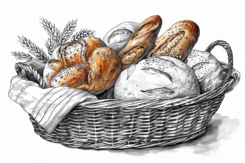 A Drawing of Bread and Buns in a Basket. Perfect for Bakery ...