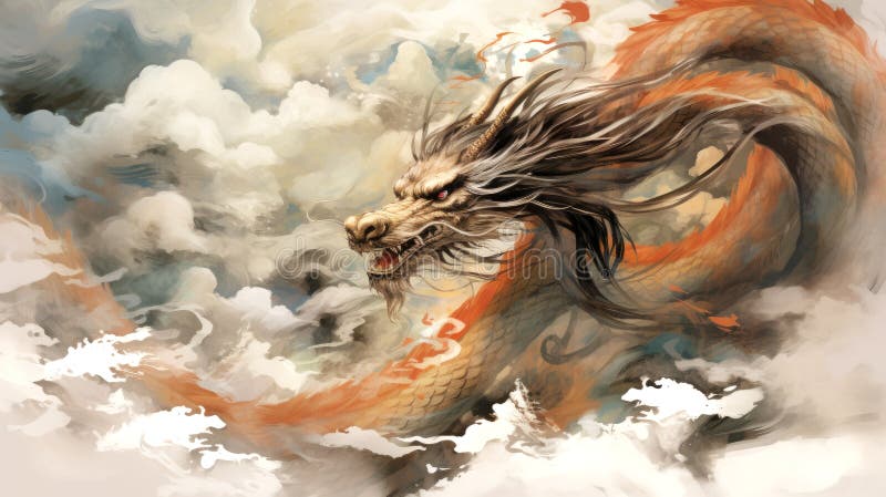 Drawing of a Bronze and Orange Traditional Chinese Dragon Flying in the ...