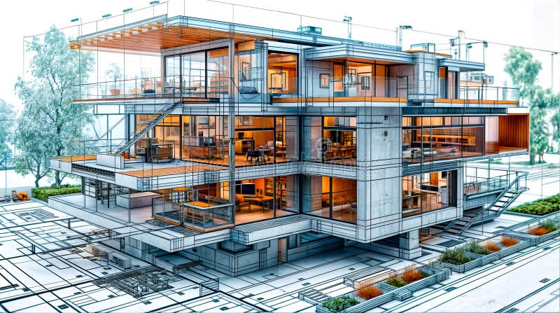 Drawing of Building with Lot of Windows and Balconies. Generative AI ...