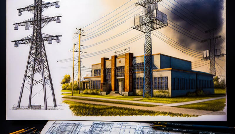 Drawing of Building and Power Lines. Generative AI Stock Illustration ...