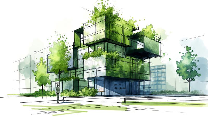 A Drawing of a Building with Trees Growing on the Side of it Stock ...