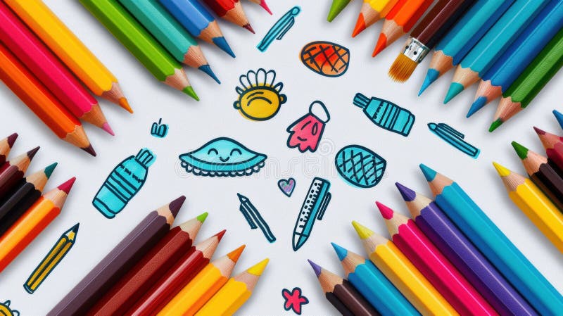 A Drawing of a Bunch of Colored Pencils with a Variety of Objects Drawn ...