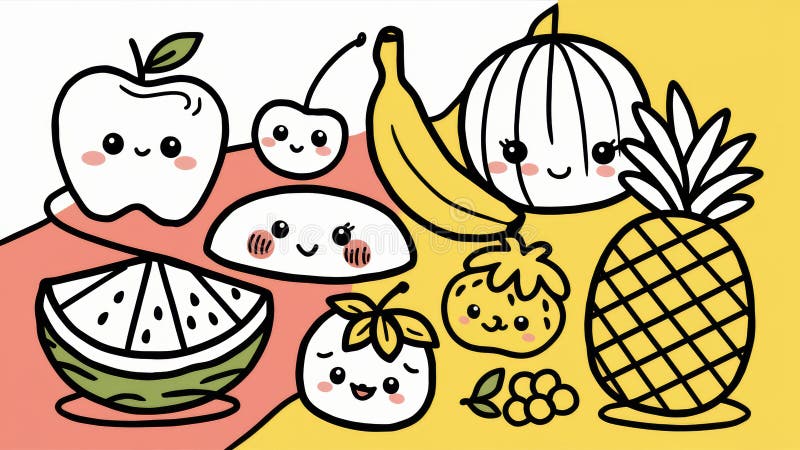 A Drawing of a Bunch of Fruits and Vegetables with Faces, AI Stock ...