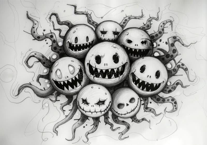 A Drawing of a Bunch of Skulls with Tentacles Around Them Stock Image ...