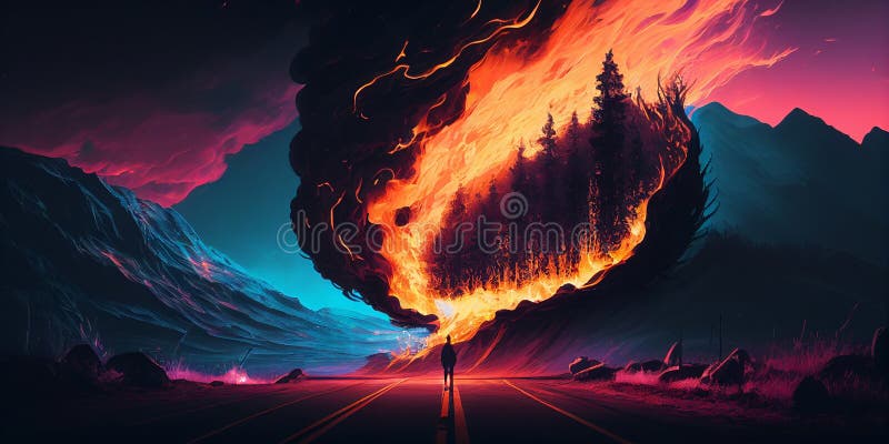 Drawing of a Burning Forest in the Distance in the Mountains Generative ...
