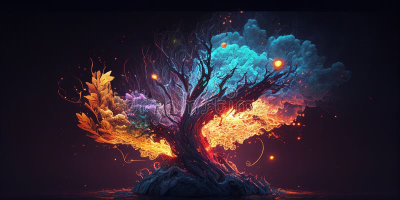 Drawing a Burning Tree at Night Generative AI Stock Illustration ...