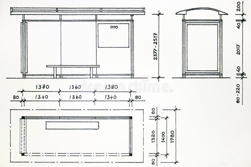 Drawing of a Bus Stop, Front, Side and Top Views Stock Photo - Image of ...