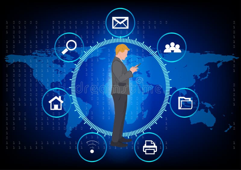 Drawing Business Man Using Smartphone Connection Technology Concept ...