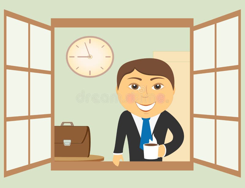 Drawing with Businessman in Window with Cup Stock Vector - Illustration ...