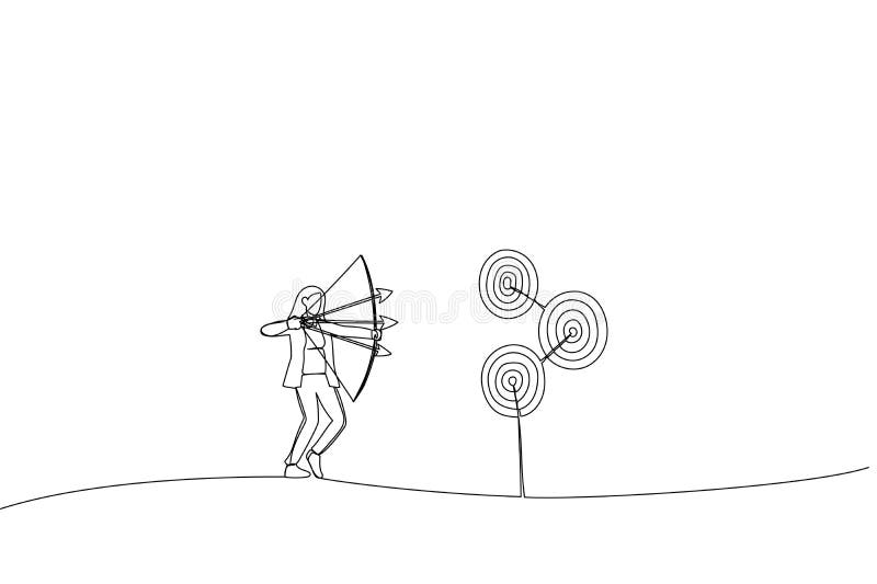 Drawing of Businesswoman Aiming Multiple Bows on Three Targets ...