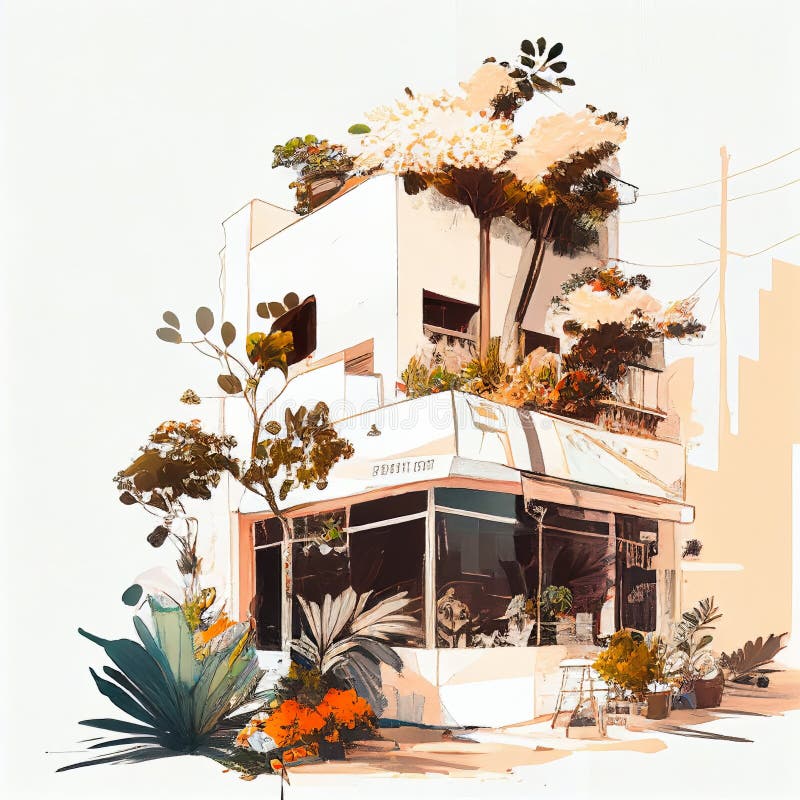 Drawing of a Cafe Building with Trees Pastel Colors Minimalism ...