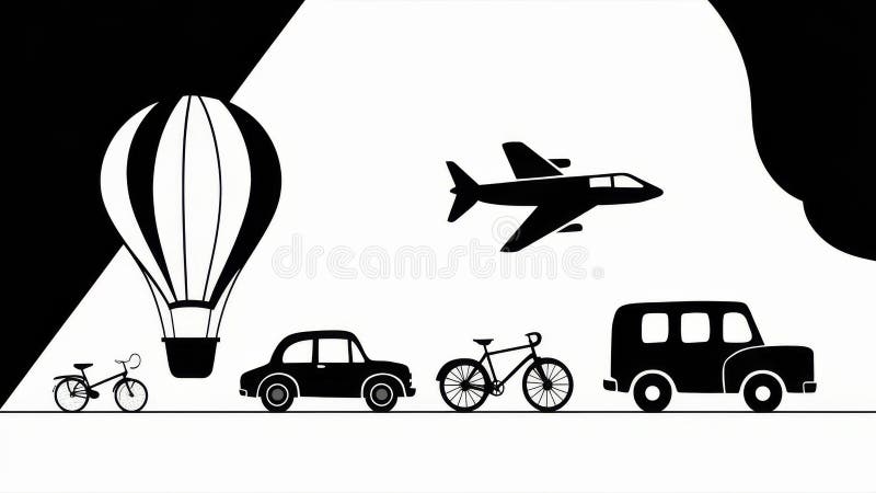 A Drawing of a Car, Bike and Balloon Flying in the Sky, AI Stock ...
