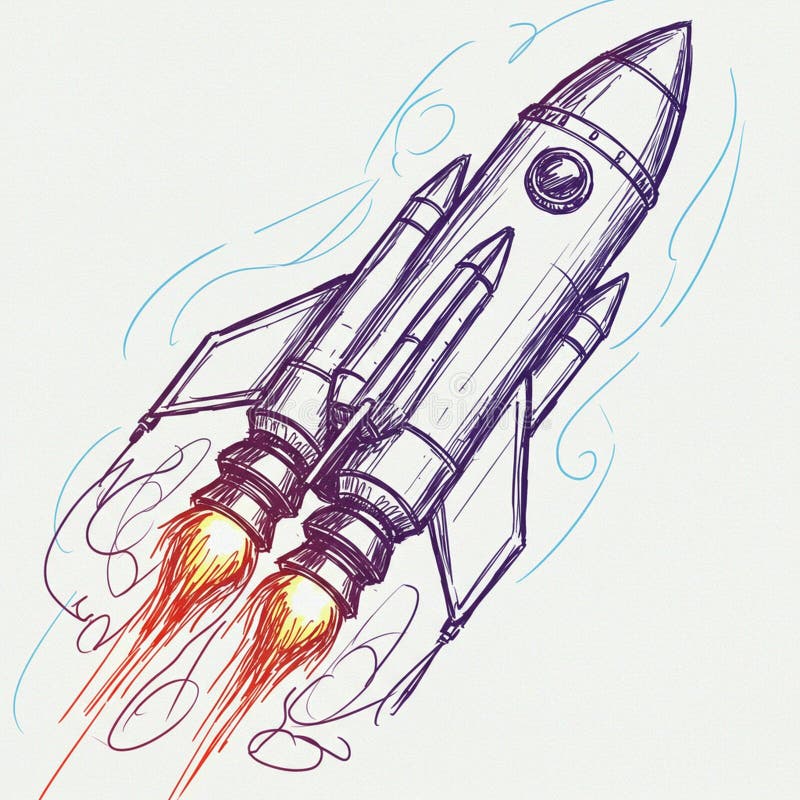 Drawing of a Cartoon Rocket Ship in Flight. Features a Sleek ...