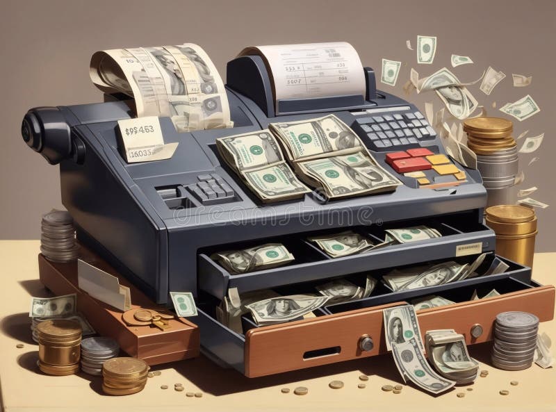 Drawing of a Cash Register with Dollars and Discount Tags, Symbolizing ...