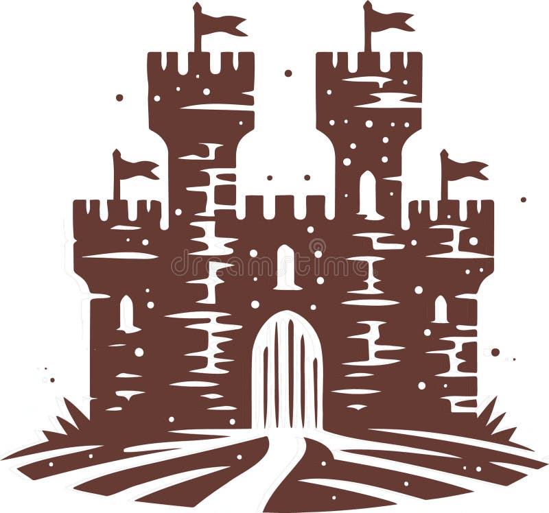 Drawing of a Castle with an Arched Entrance and Two Round Towers Stock ...