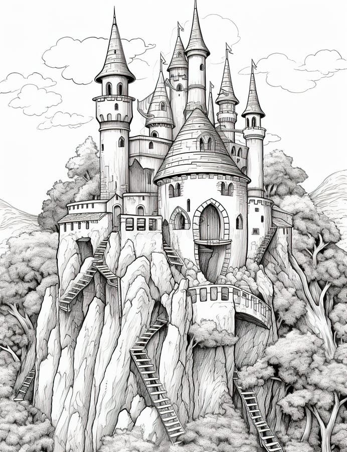 A Drawing of a Castle on Top of a Mountain. Generative AI Image. Stock ...
