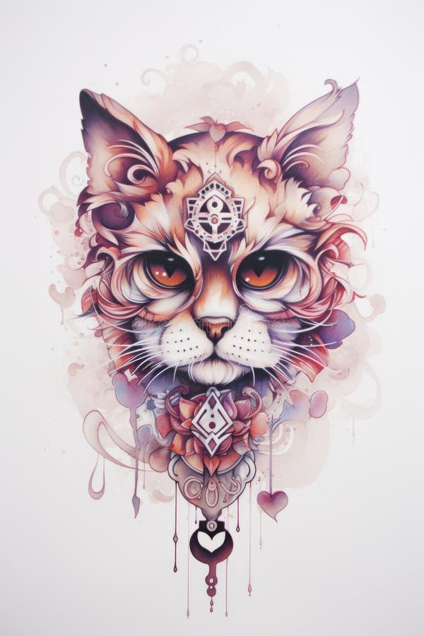 A Drawing of a Cat with a Clock on Its Head, AI Stock Illustration ...