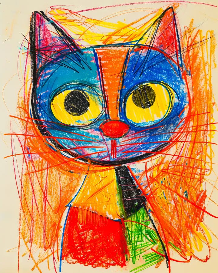 A Drawing of a Cat with Colorful Stripes Stock Image - Image of pencil ...