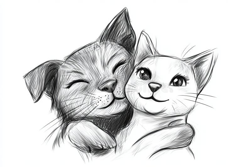 A Drawing of a Cat and a Dog Hugging Each Other Stock Illustration ...