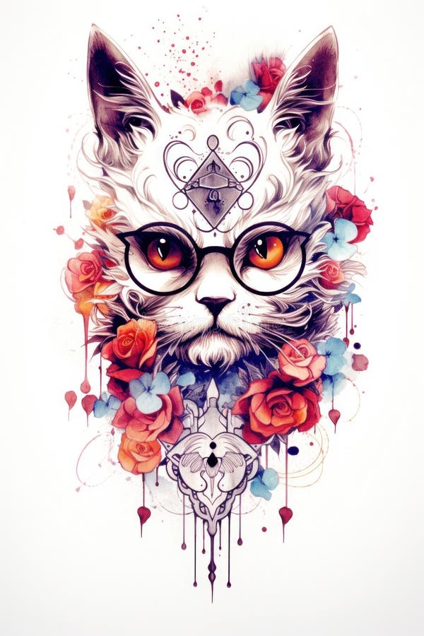 A Drawing of a Cat with Glasses and Flowers, AI Stock Illustration ...